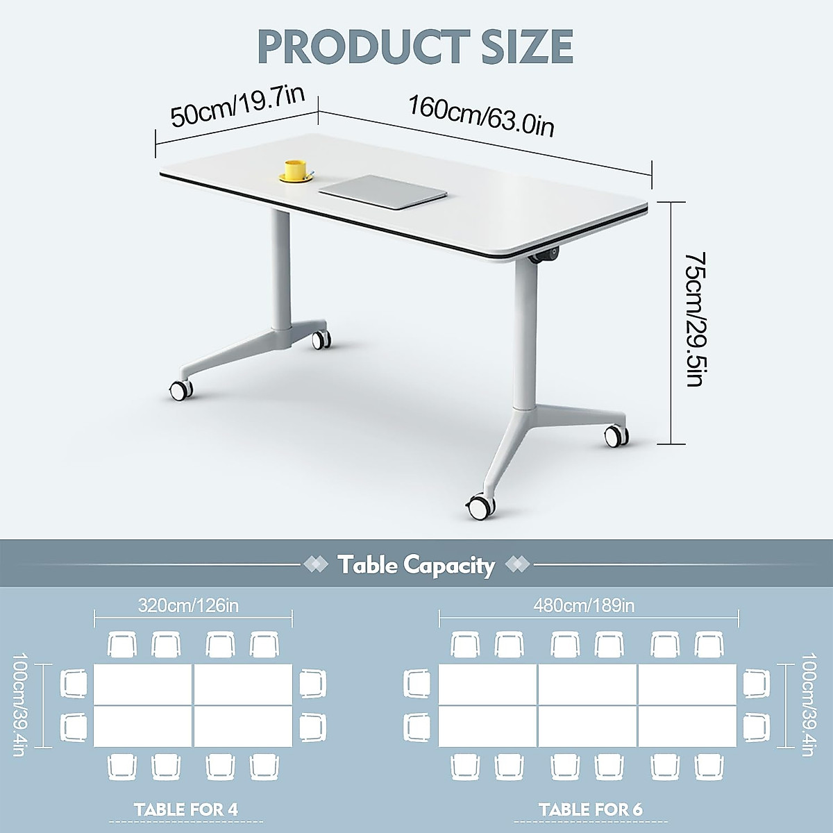 Conference Table Foldable Meeting Tables,4 Pcs Flip Top Mobile Training Table Modern White Portable Table with Silent Wheels, 62.9 "D x 23.6" W x 29.5 "H for Office,Meeting Room,Classroom