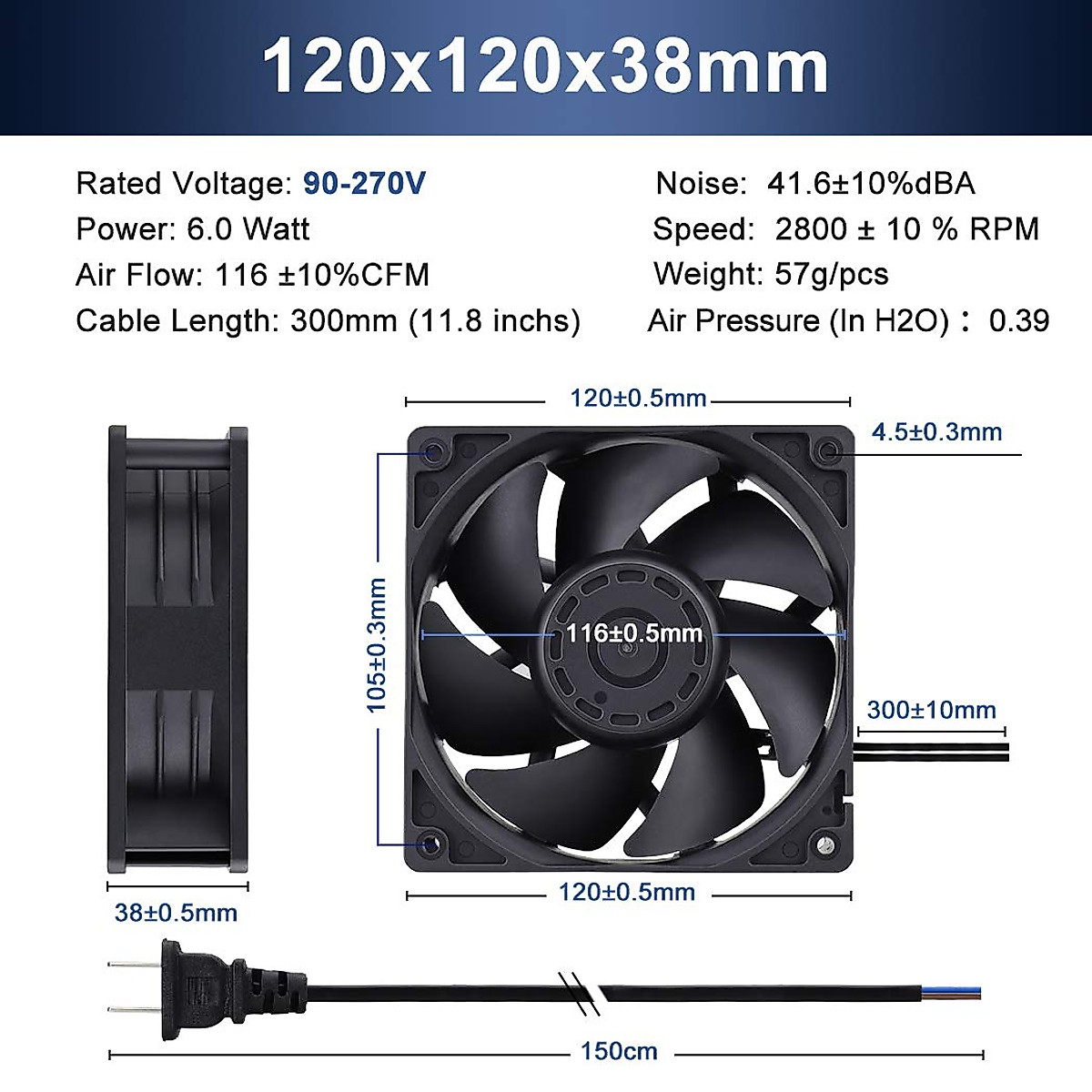 Wathai EC Industrial Case Fan 120mm x 38mm Ball Bearing AC 110V 115V 120V 220V 240V Brushless Cooling Fan