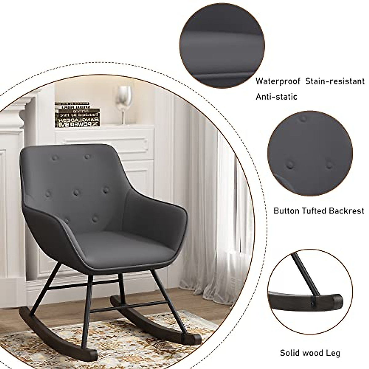 Aklaus Rocking Chair Nursery Chairs Indoor Set of 2,Upholstered Rocker Glider Chair Baby Kids Recliner Chair Comfy Button Tufted Accent Chairs for Living Room Bedroom Solid Wood Legs Grey