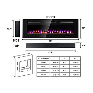 Uthfy 50" Electric Fireplace,1500W Recessed & Wall Mounted Fireplace Heater & Linear Fireplace,6 Flame Colors & 9 Ember Bed Colors,Remote Control,8H Timer,Adjustable Thermostat, Black (HY-HW50)