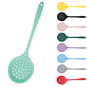 Silicone Slotted Spoon, Strainer Spoon, Skimmer Spoon, Slotted Spoons for Cooking, Silicone Strainer Non Stick, One-Piece Heat Resistant Silicone Cooking Spoon (Green)