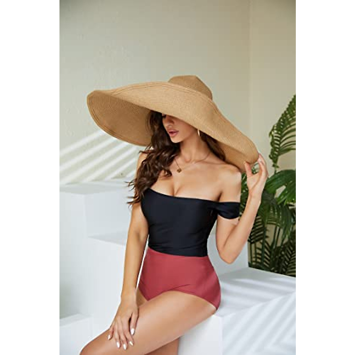 Oversized Beach Straw Hat for Women, Fashion Large Wide Brim Visor Hats Handmade Roll Up Floppy Sun Hat for Summer Beach Cap Khaki