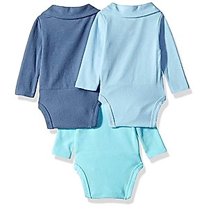 Hanes Ultimate Baby Flexy 3 Pack Long Sleeve Polo Bodysuits, Blues, 0-6 Months