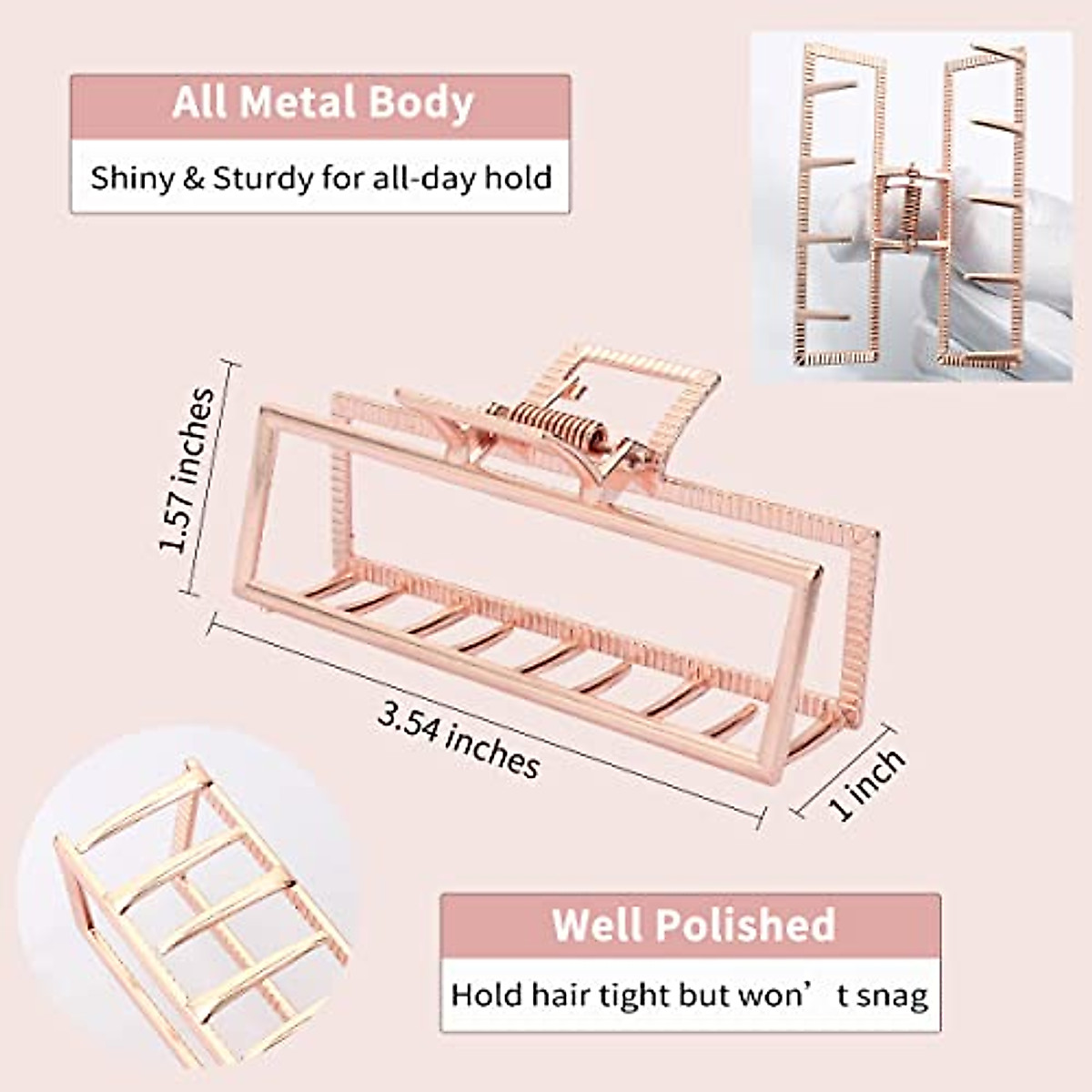 Metal Hair Clips for Women, 4pcs Square Claw Clips for Thick Hair, Large Hair Clips Rectangle Claw Clip, Banana Clips Hair Rose Gold Black Silver Gold Hair Clips 3.5 Inches