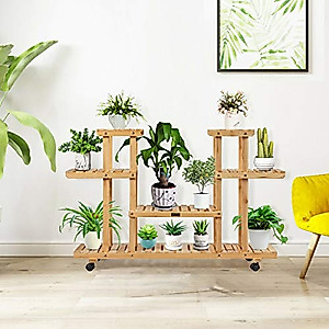 Happygrill Plant Stand Flower Display Rack Wooden Plant Shelves Bonsai Display Shelf with Wheels