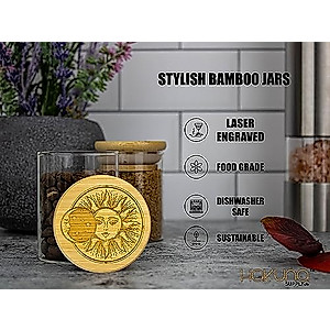 Sun and Moon 60ML Glass Food Storage Container and Decorative Engraved Air Tight Bamboo Lids Multi-Use Jar Herbs, Coffee, Tea, Sugar, Candy Apothecary Accessories for The Bedroom Kitchen Pantry