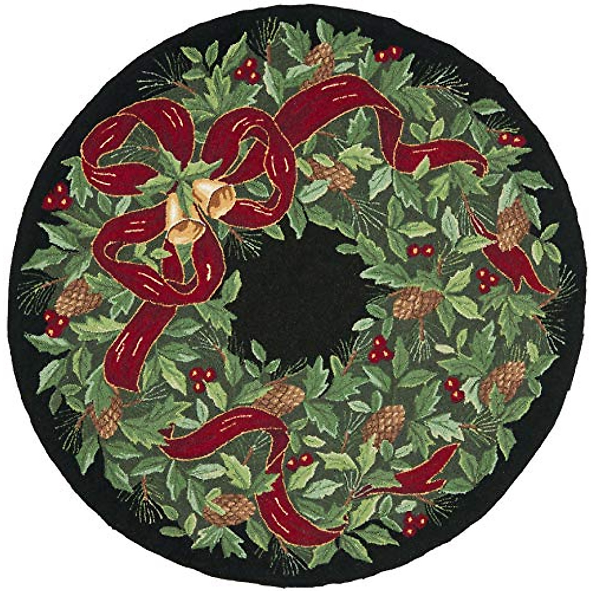 SAFAVIEH Vintage Poster Collection Area Rug - 6' Round, Black & Green, Handmade Christmas Wreath Novelty Wool, Ideal for High Traffic Areas in Living Room, Bedroom (VP323A)