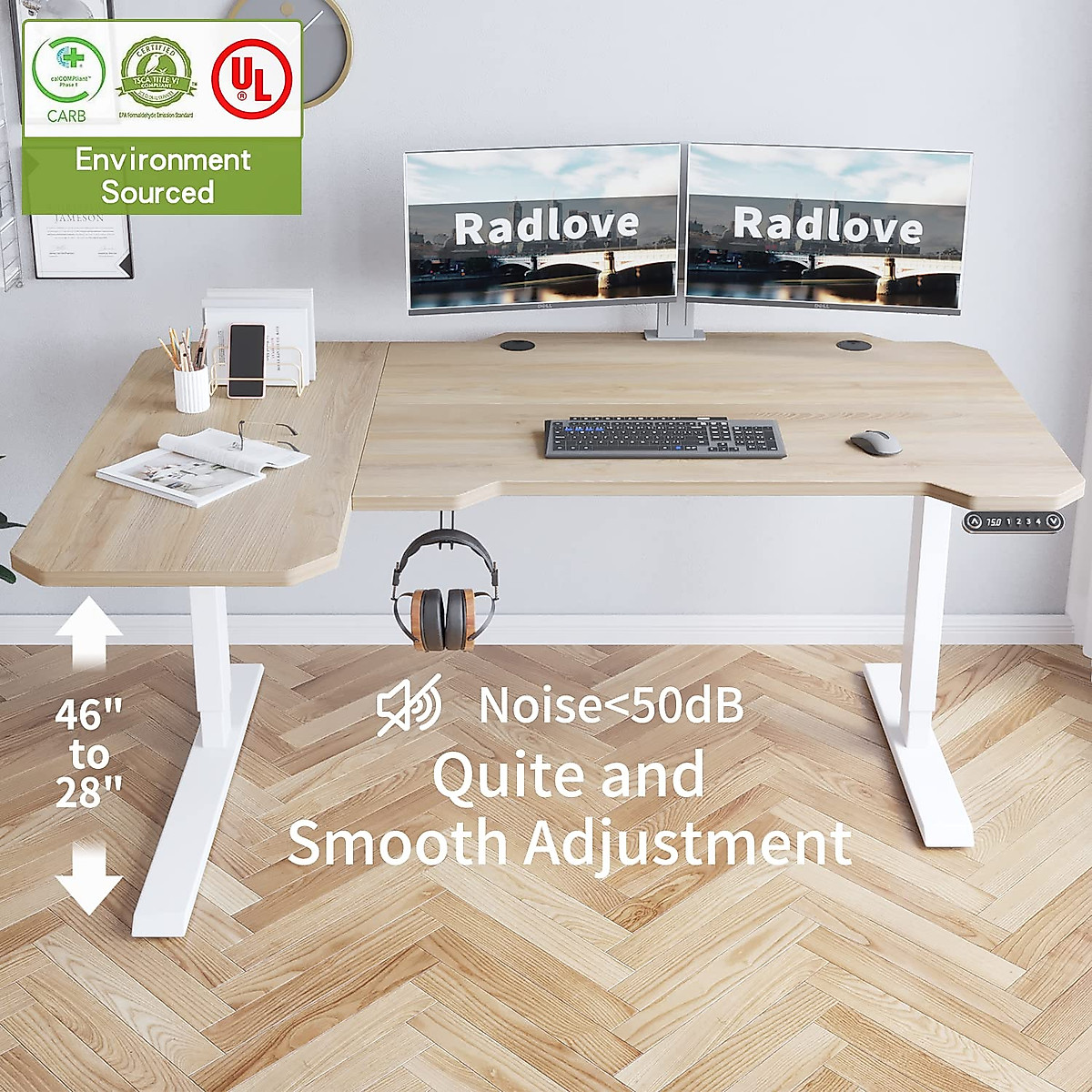 Radlove 59-Inch Large Electric Height Adjustable Computer L-Shaped Desk with Memory Controller Corner Standing Desk Modern Workstation with Splice Board Ergonomic Desk (White Frame + Oak Top)