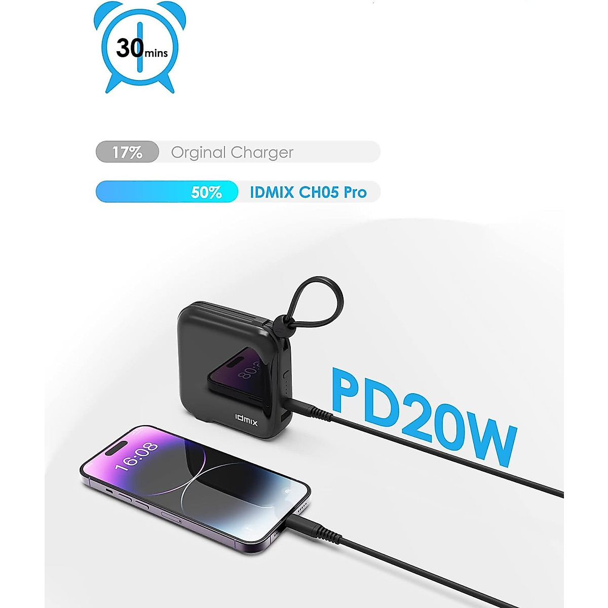 IDMIX Power Bank 10000mAh with MFI Cable, AC Foldable Portable Charger, 20W Fast Battery Pack with USB-A Output, USB-C Output, Compatible for iPhone16/15, Samsung S24, ipad, and More (Black)