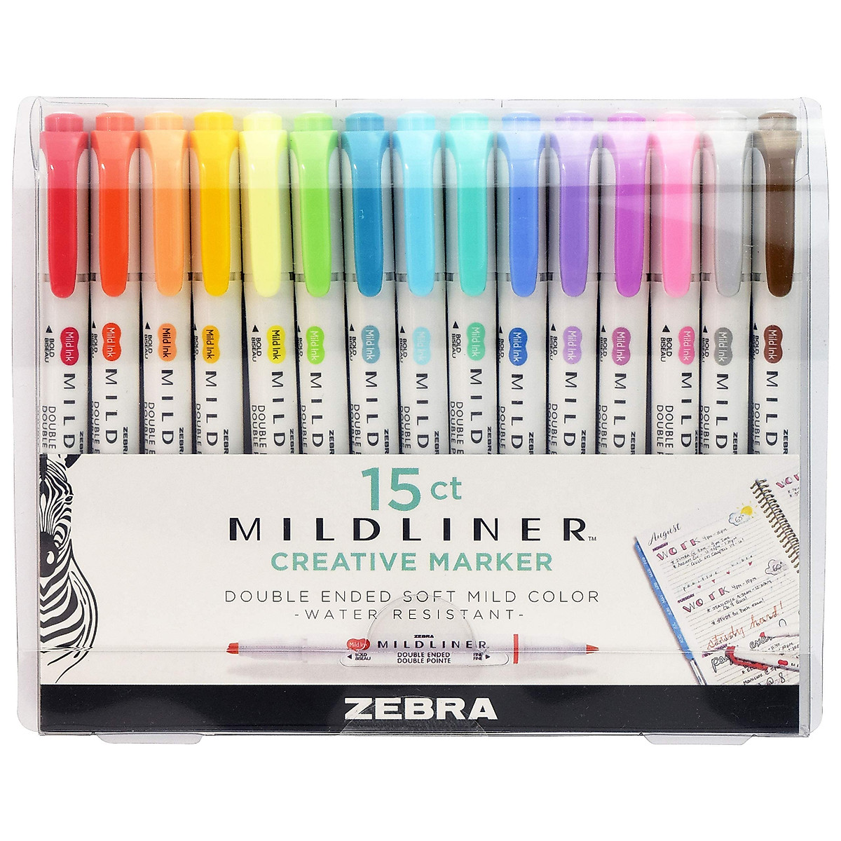 Zebra Pen Mildliner, Double Ended Highlighter, Broad and Fine Tips, Assorted Colors, 15 Pack