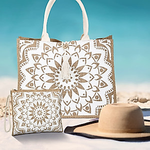 Buryeah 2 Pcs Large Beach Bag Burlap Jute Tote Bag for Women Straw Cute Beach Tote Jute Tote Handbags Reusable Grocery Bag for Mother Teacher Wedding Shopping Travelling Gym