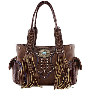 Cowgirl Trendy Western Style Concealed Carry Country Fringe Purse Handbag Shoulder Bag Wallet Set Brown