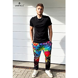 UNIFACO Men Women Causal Splatter Active Jogging Pants Baggy Elastic Sweatpants Black L