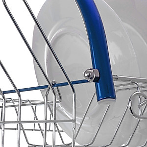Megachef Iron Wire Contemporary Dish Drying Rack with Included Hangers, Utensil Compartment, and Drip Tray, 16 Inch, Blue and Silver Chrome