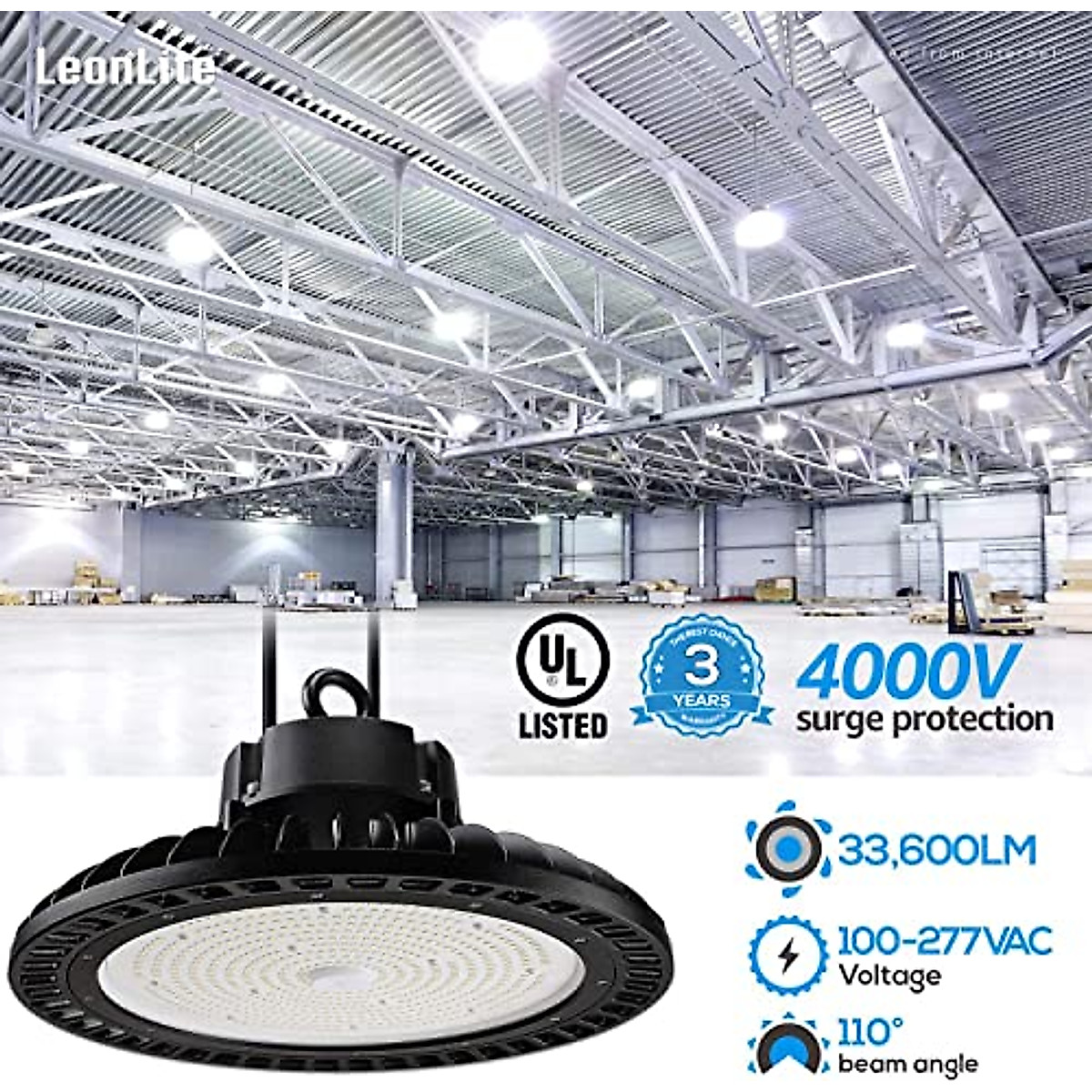 LEONLITE LED High Bay Light 240W 33,600lm 1-10V Dimmable UL Listed 5000K Daylight, 100-277V IP65 Commercial UFO LED High Bay Light for Gym Factory Warehouse Barn