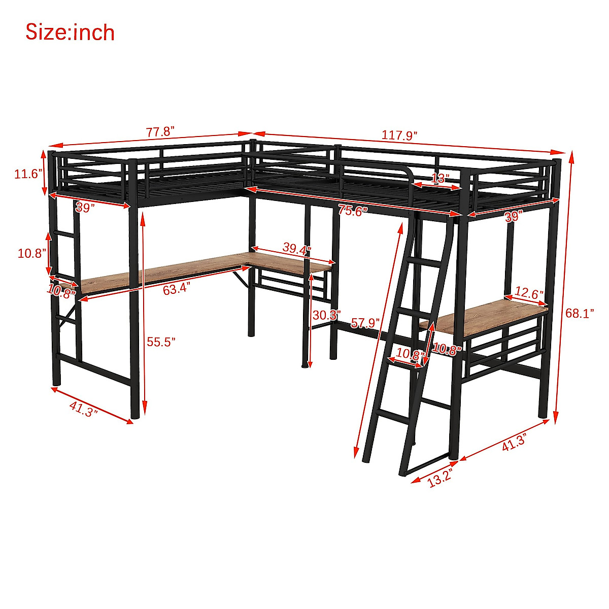 MERITLINE Metal Twin Size L-Shaped Loft Bed, Twin Size Loft Bed Frame with Two Built-in Desks Underneath for Kids Boys Teens, Black