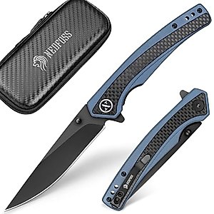 NedFoss DOLPHIN Pocket Knife for Men, D2 Steel Black PVD Blade Folding Knife with Carbon-Fiber Insert G10 Handle, Brass Ball Bearing Pivot Opening, Pocket Clip for EDC