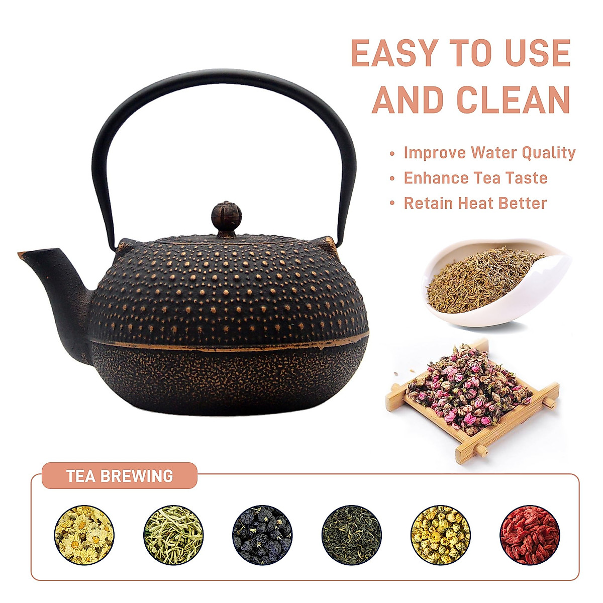 60.9oz Large Cast Iron Teapot for Stovetop Safe, 6 Cup Tea Kettle, Japanese Style Cast Iron Teapot with Stainless Steel Infuser for Loose Tea, Suitable for All Heat Sources(1.7QT/1.8L)