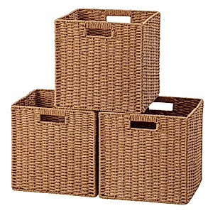 UBBCARE 3 Pack Wicker Basket, 11L×11H×10.5W inch Woven Paper Rope Storage Baskets for shelves, Foldable Cube Storage bin with Handle, Storage Basket for Organizing & Decor,Caramel