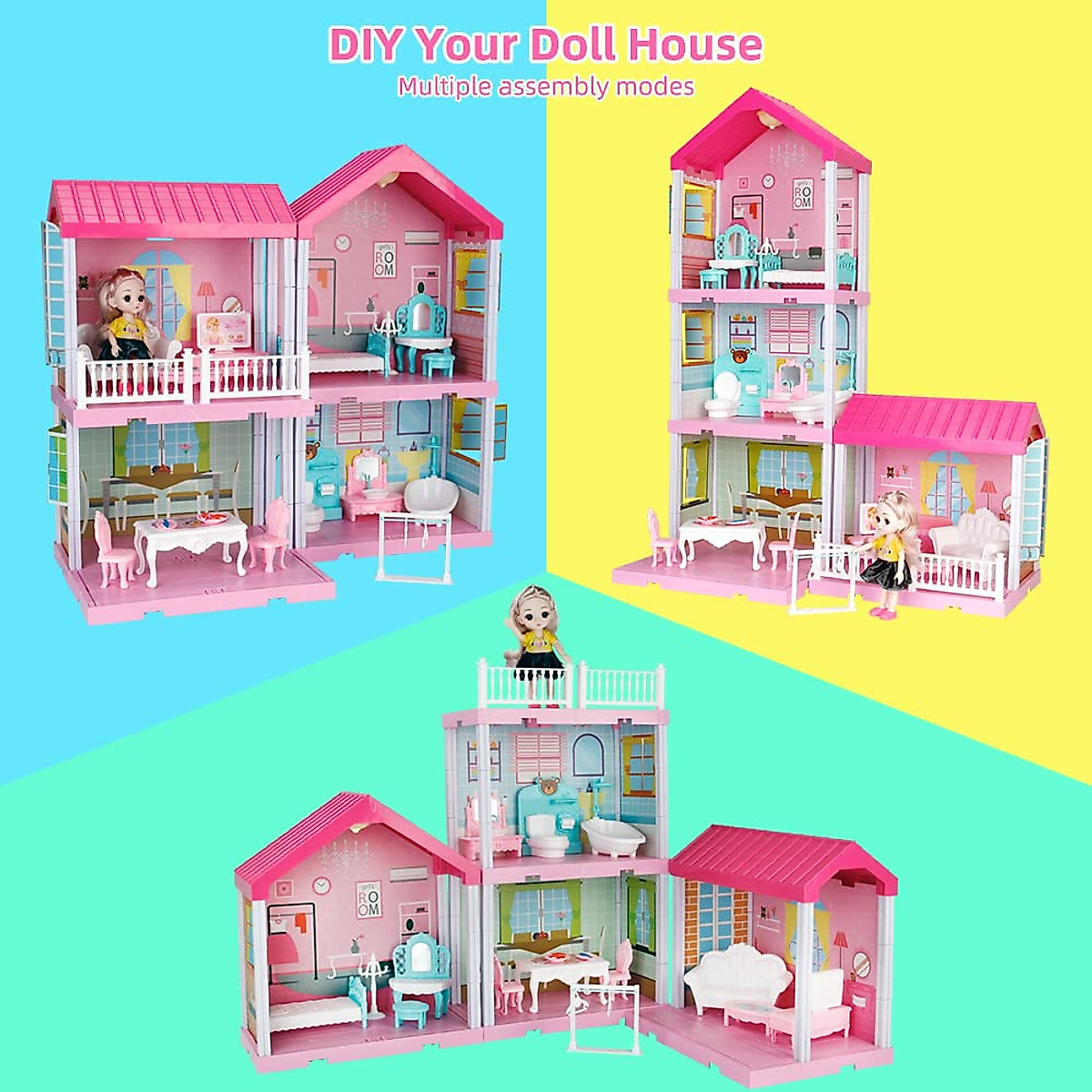 Dollhouse Kit, Doll House Asseccories and Furniture, DIY Pretend Play Building Playset Toys with Doll and Lights, Princess House for Toddlers, Kids Boys & Girls (4 Rooms)