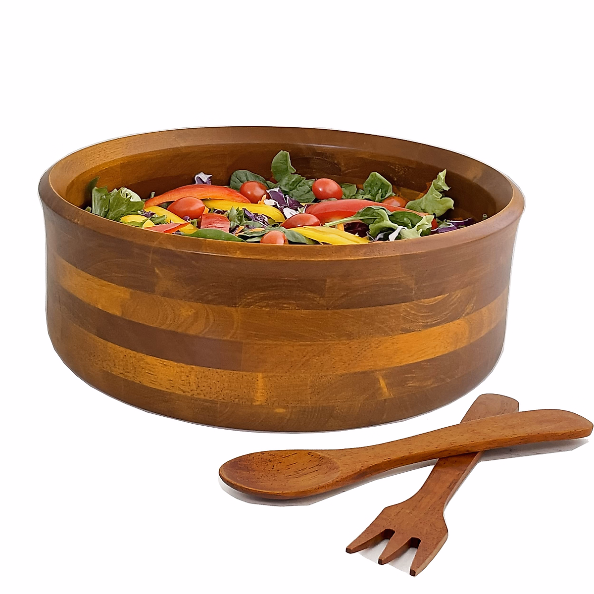 Woodard & Charles Wood Serving Bowls for Salad, Snack, Fruit, Chips, or Candy (13" x 5" Bowl with Servers)