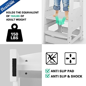 ACEHOME Toddler Kitchen Stool, Toddler Tower with Safety Rail, Toddler Stool for Kitchen Counter, Adjustable Height Little Helper Tower, Kitchen Stool for Toddlers 18 Months and Older, White