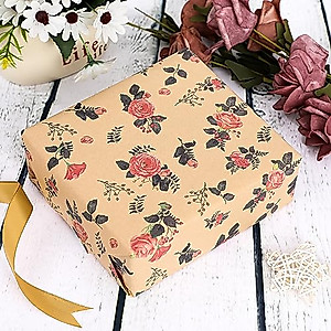 PlandRichW Wrapping Paper of Floral Design Folded Kraft Wrapping Paper 12 Sheets Recycled Gift Wrap for Birthday, Wedding, Holiday, Party, and Baby Shower Precut 20" X 29"