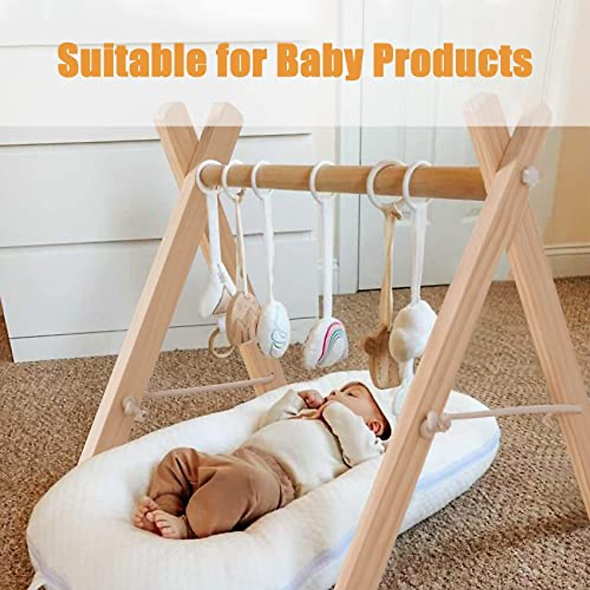Mallify Wooden Baby Play Gym, Toddler Activity Center with 6 Hanging, Folding Hanging Bar, Pull Ring Toys, Easy to Assemble