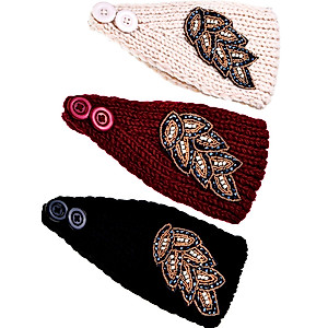 Jetec 3 Pieces Knitted Headband Beaded Flapper Headband Vintage Leaf Crochet Headband for Women Girls, 3 Colors