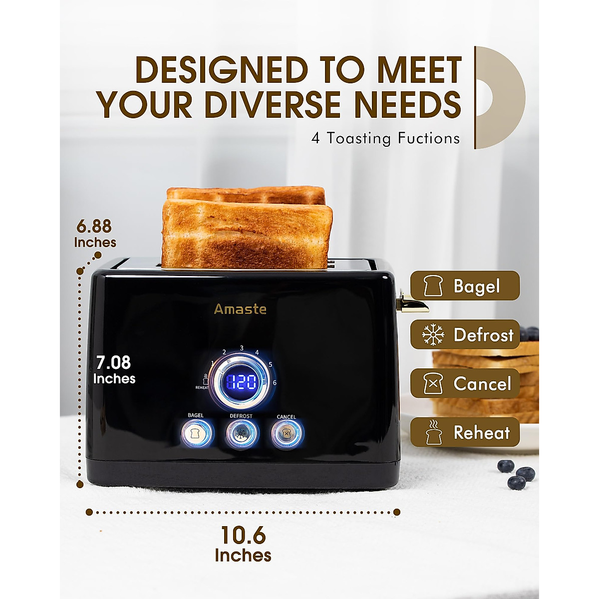 2 Slice Toaster, Retro Bread Toaster with LED Digital Countdown Timer, Extra Wide Slots Toasters with 6 Shade Settings, Bagel, Cancel, Defrost Function, High Lift Lever, Removal Crumb Tray, Black