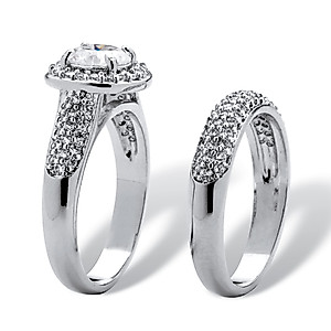 PalmBeach Platinum-plated Round Cubic Zirconia Pave Halo Bridal Ring Set Sizes 7-10 Size 9