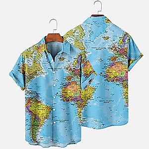 SMIDOW Funny World Map Print Hawaiian Shirts for Men Short Sleeve Button Down Funky Summer Casual Beach Aloha Shirt