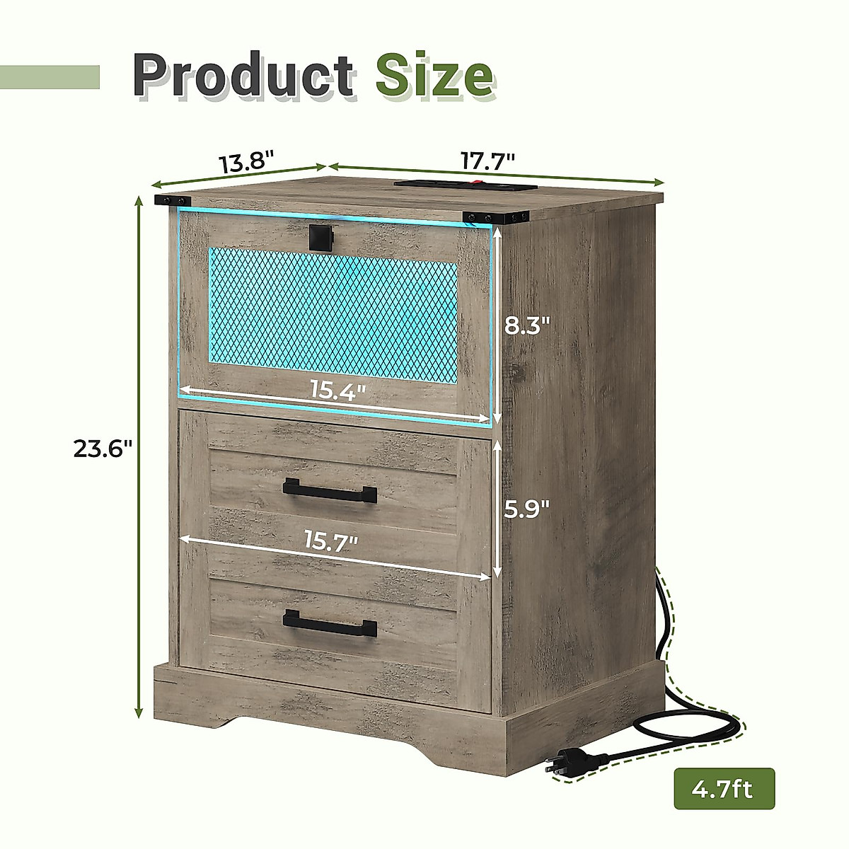 Hasuit Farmhouse Night Stand Set of 2 with LED Lights and Charging Station, Rustic Oak Nightstand with 2 Drawers, and Cubby with Wire Mesh Door, Bedside End Table for Bedroom