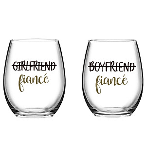 Set of 2 Fiance Stemless Wine Glasses, Boyfriend and Girlfriend Wine Glass for Couples, Boyfriend Girlfriend, Gift Idea for Engagement, Wedding, Christmas, Bridal Shower, Valentine's Day, 15Oz