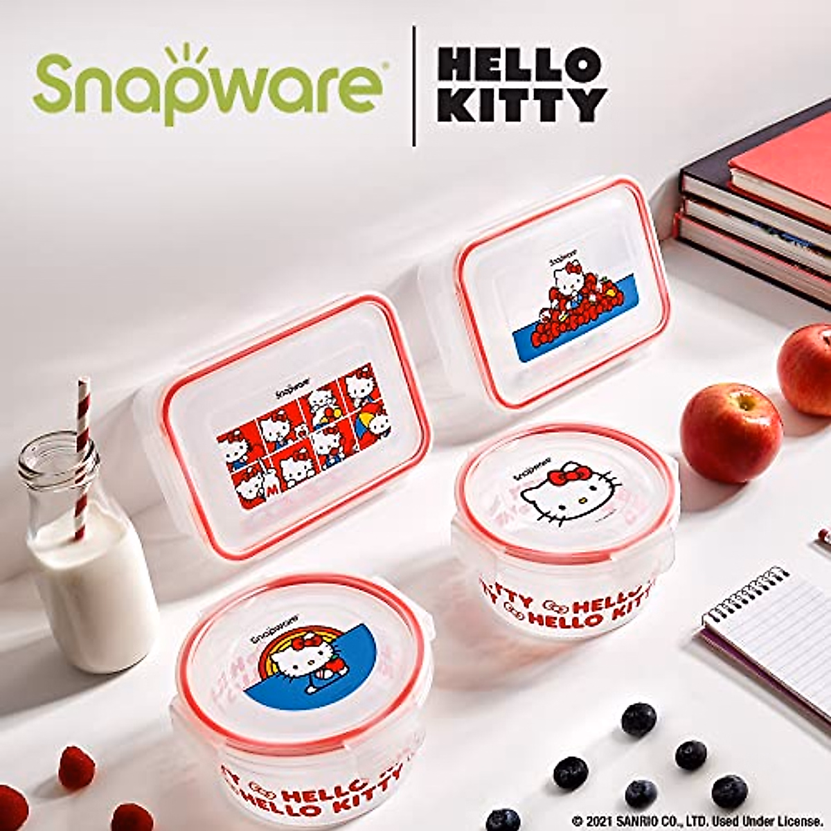 Snapware 8-Pc Plastic Food Storage Containers Set, 4.6-Cup & 3-Cup Meal Prep Containers , Non-Toxic, BPA-Free Lids with 4 Tab Locking, Dishwasher, Microwave, and Freezer Safe, Hello Kitty