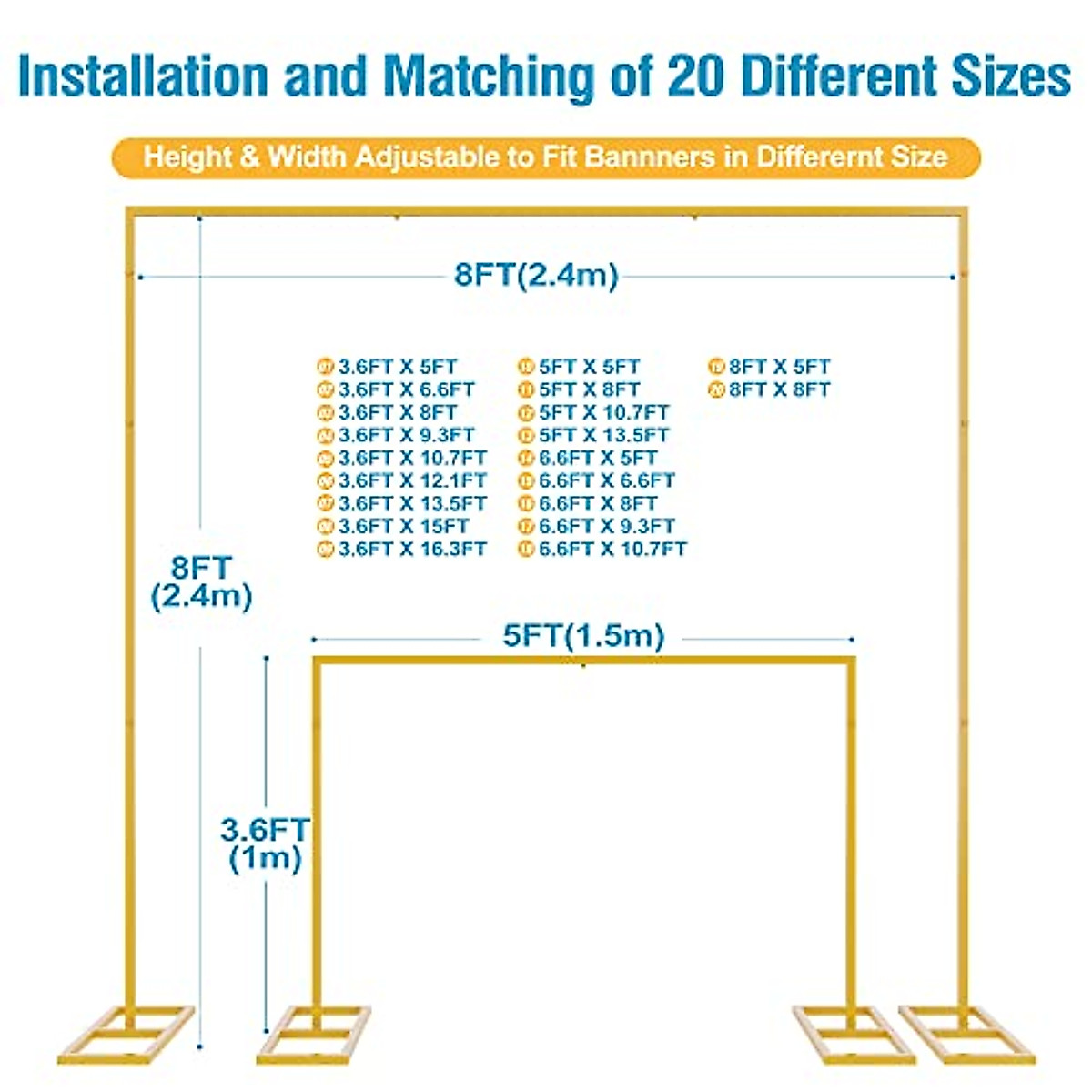 Fomcet 8FT x 8FT Backdrop Stand Heavy Duty with Base, Gold Portable Adjustable Pipe and Drape Backdrop Stand Kit, Square Metal Arch Party Frame for Wedding Birthday Parties Banquet Decorations
