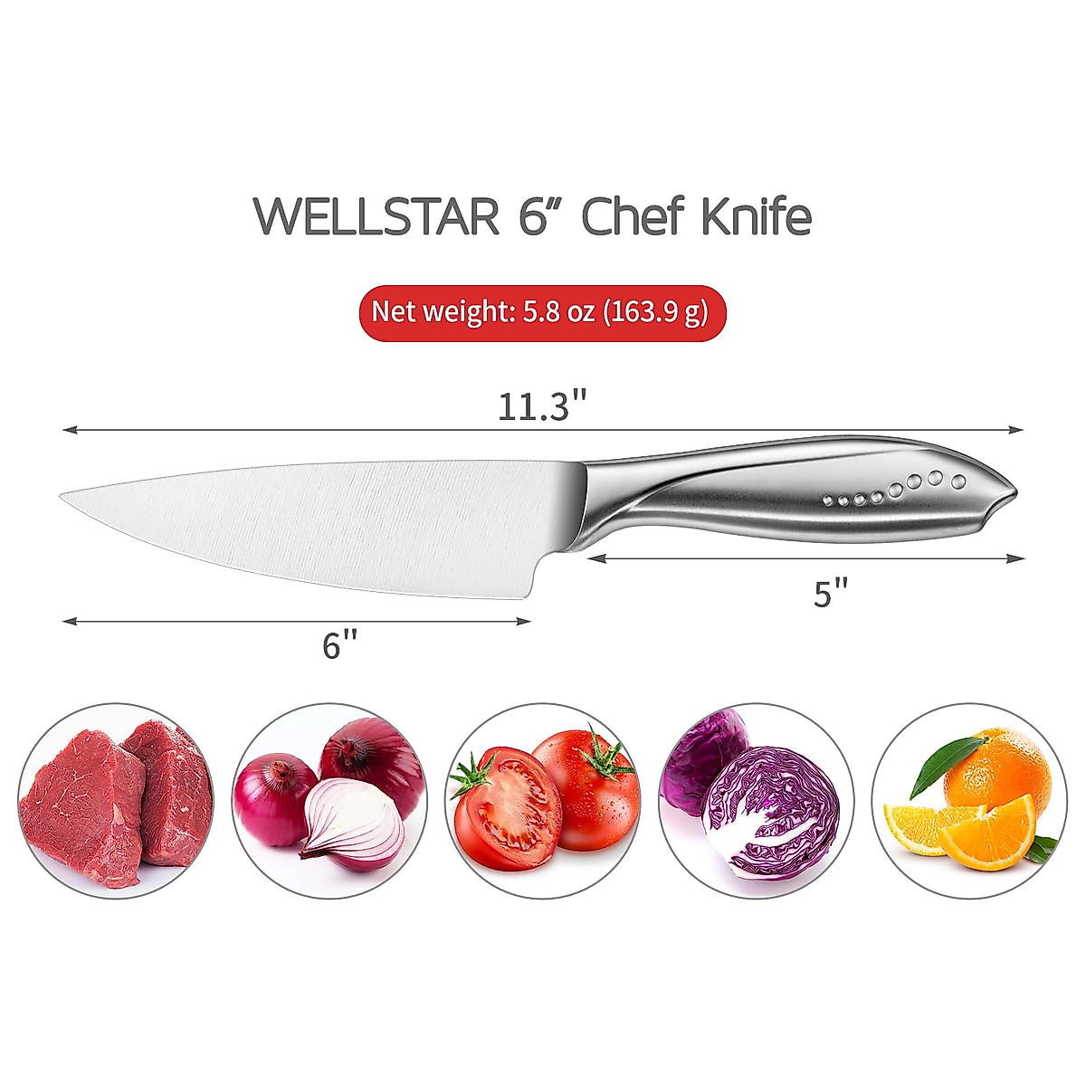 WELLSTAR Chef Knife, 6 Inch Kitchen Chef’s Knife Sharp High Carbon Stainless Steel Cooking Knife for Meat Sushi Vegetable Fruit Cutting Slicing Dicing, Useful Kitchen Gadget