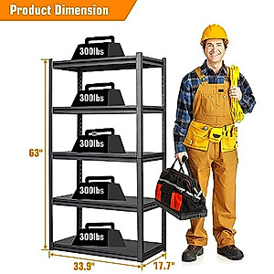 ZAOUS Garage Shelving Heavy Duty Loads 1500LBS, 63" Heavy Duty Garage Storage Shelves, Adjustable 5 Tier Metal Shelves for Garage Basement Kitchen Warehouse, 63" H x 34" W x 18" D (5-Tier)