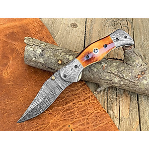 WINTERFELL Damascus Steel Hunting Pocket Knife with Burnt Camel Bone Handle and Leather Sheath - 7.5" Custom Gift Knife for Men - Unique Anniversary, Birthday gifts for Husband, Dad, Boyfriend