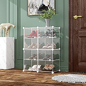 Annualring 8-Cube Stackable Shoe Organizer Clear Plastic Shoe Storage Rack Durable Modular Shoe Cabinet with Door Display Box Shoe Container Clear Closet Shelf Shoe Organizer