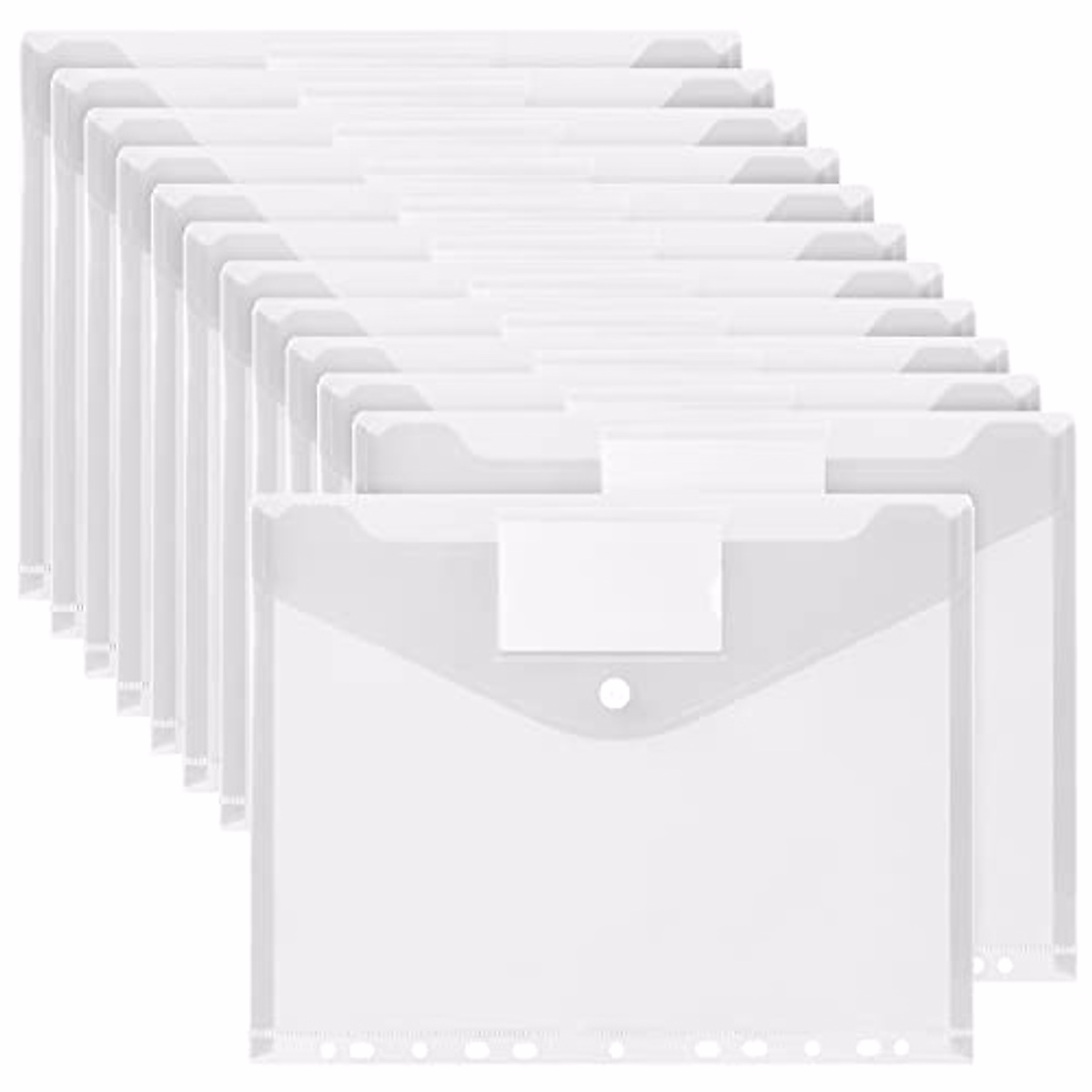 Vobou 12 Pack Plastic Envelopes Clear Binder Pocket 11 Holes Expandable Binder Folders for 2/3/4 Ring Document Pouch, Snap Button and Lable Poly Envelopes for School, Home and Office