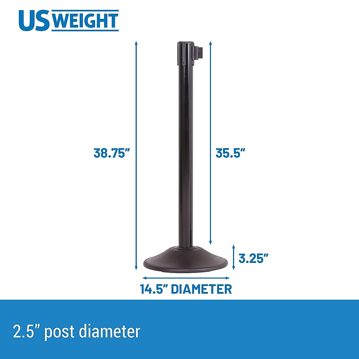 US Weight Black Heavy Duty Premium Steel Stanchion with Black 7.5-Foot Retractable Belt, 2 pack