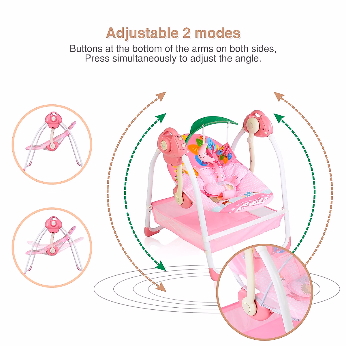 Baby Swing for Infants, Portable Baby Swing with 6 Motions, Toddler Swing with Music, Sounds, Timing, Baby Rocker with 2 Toys, Plsuh Seat & Soft Head Support, Machine Washable Fabric (Pink)