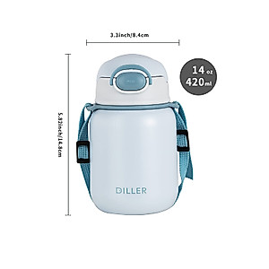 Diller Insulated Water Bottle with Straw, 14 oz Travel Coffee Mug with Straps Mini Stainless Steel Water Bottles with Straw for Kids and Women Keep 12H Piping Hot & 24H Cold (Blue, 14 oz)