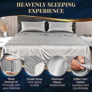 Satin Sheets Queen Size (4 Pieces, 8 Colors), Silky Satin Sheet Set -Satin Bed Set with 2 Pillowcase, Satin Fitted Sheet - Grey Satin Sheets, Satin Bed Sheets Queen Set, Satin Bedding Set