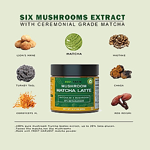 Matcha Latte Powder, Mushroom Extract with Ceremonial Grade Matcha Mix, 3.17oz