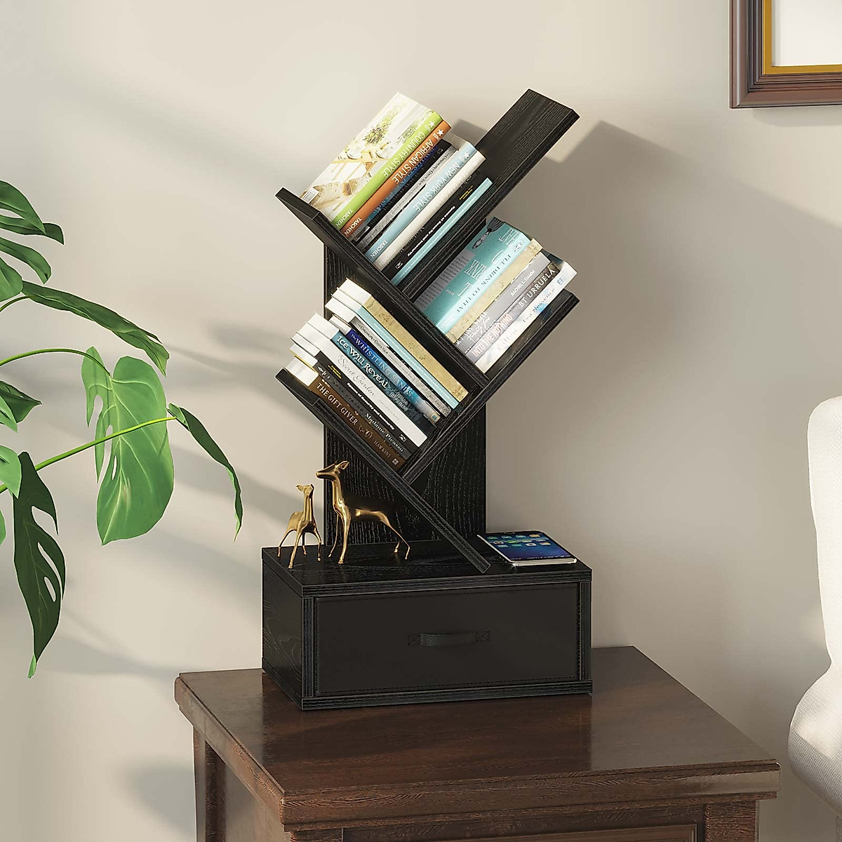 Rolanstar Bookshelf with Drawer, 4 Shelf Tree Bookshelf, Wooden Bookshelves Storage Rack for CDs/Movies/Books, Black Bookcase, Utility Organizer Shelves for Living Room, Bedroom