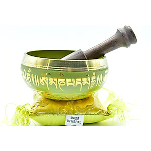 3.75" Tibetan Meditation Yoga Singing Bowl Yellow Set with free Wooden Mallet and Silk Cushion from Nepal, Singing bowls.
