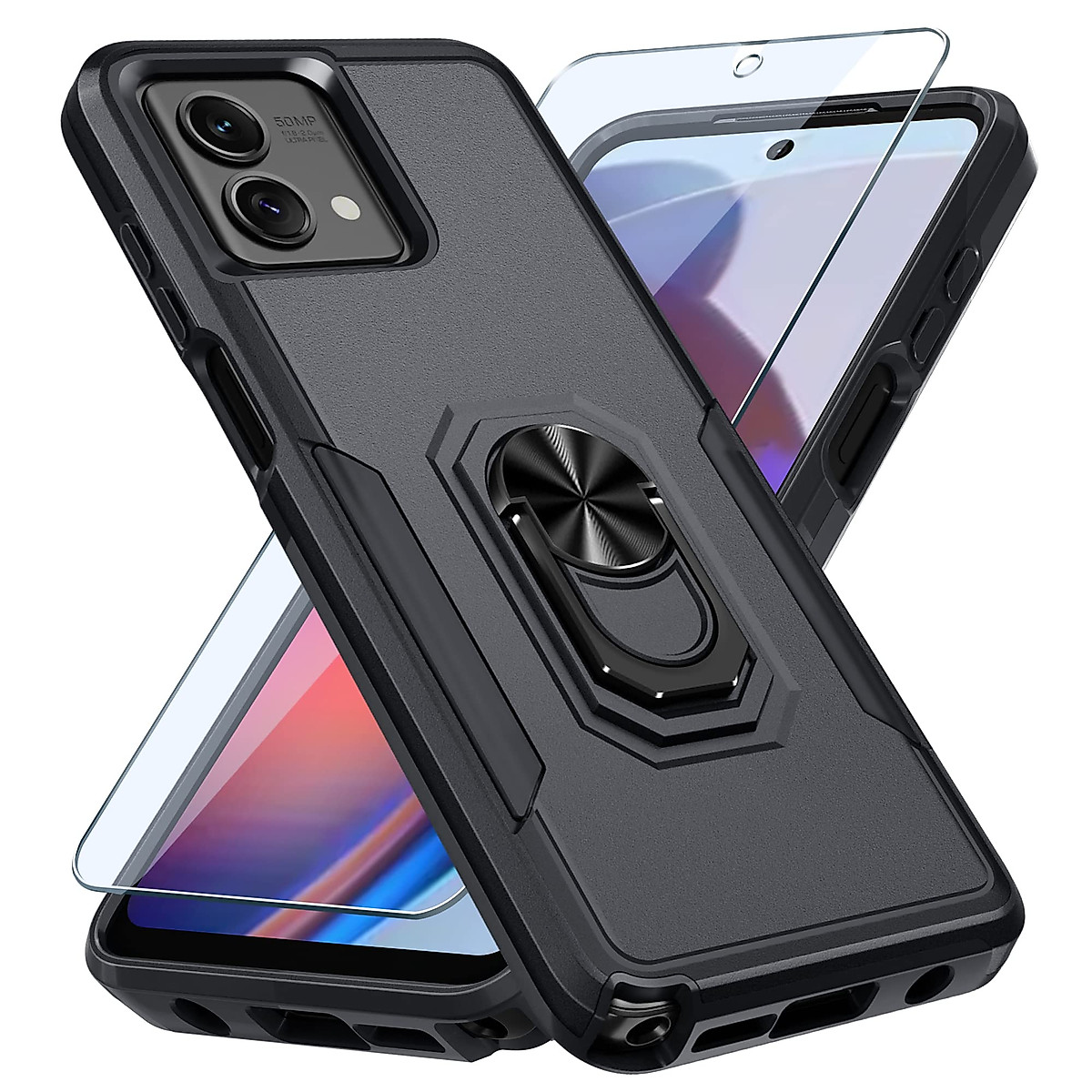 Janmitta Compatible with Moto G Stylus 5G 2023 Case with Screen Protector,Heavy Duty Shockproof Full Body Phone Cover Built in Metal Ring Holder Kickstand,Black Matte