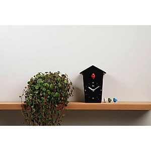 KOOKOO BirdHouse mini black, tiny modern cuckoo clock with 12 natural bird songs or cuckoo call